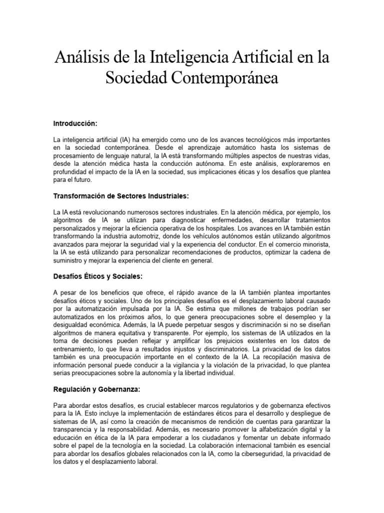 Análisis de la Inteligencia Artificial en la Sociedad Contemporánea | PDF | Inteligencia ...
