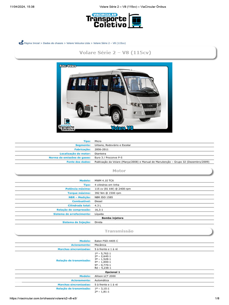 Volare Série 2 - V8 (115cv) - ViaCircular Ônibus | PDF | Eixo | Motores