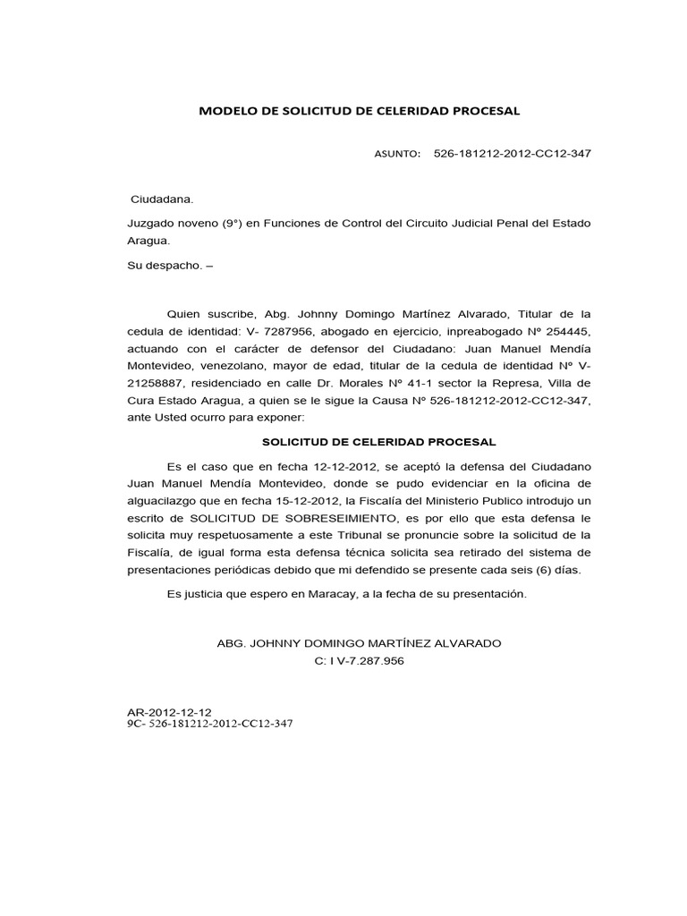 Modelo de Solicitud de Celeridad Procesal | PDF