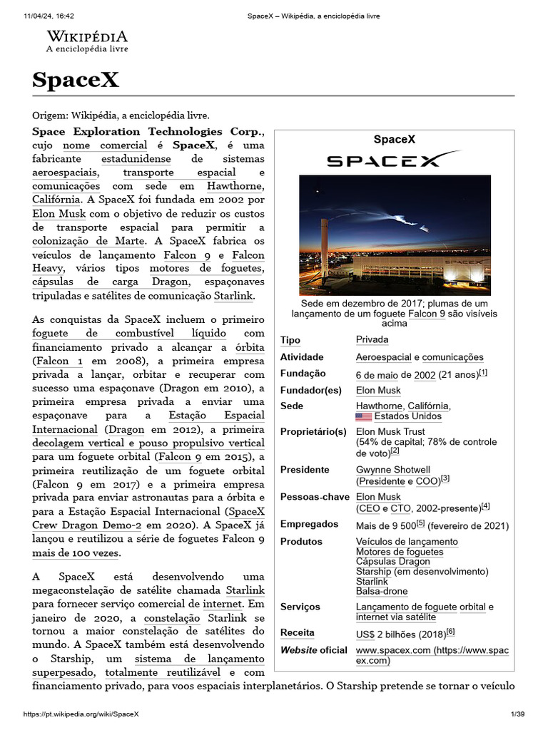 SpaceX - Wikipédia, A Enciclopédia Livre | PDF | Space X | SpaceX Dragon