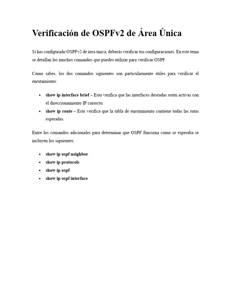 Verificación de OSPFv2 de Área Única | PDF | Protocolos de internet | Enrutador (Computación)
