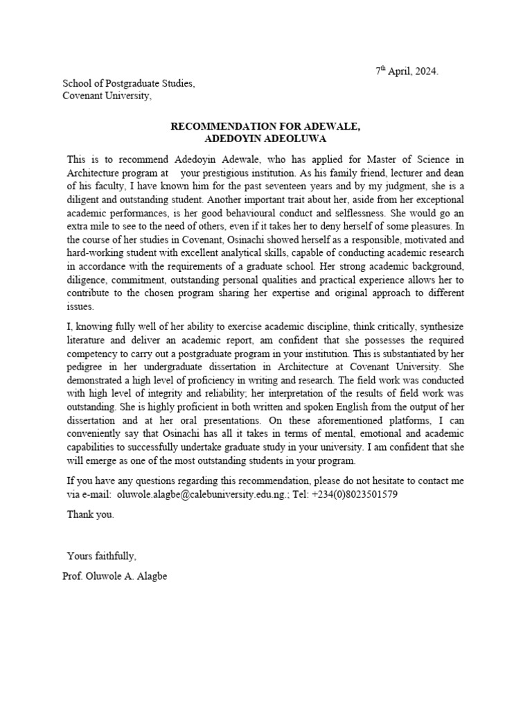 PROF ALAGBE RECOMMENDATION | PDF | Postgraduate Education | Behavioural Sciences