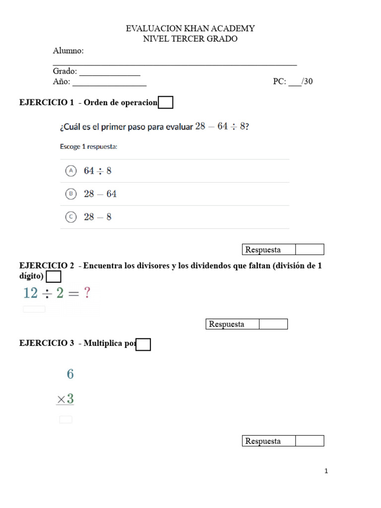 Evaluación Matemática 3er Grado | PDF | Multiplicación | División ...