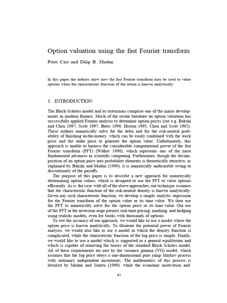 Carr, P. and Madan, D. B. (1999), Option Valuation Using The Fast Fourier | PDF | Option ...