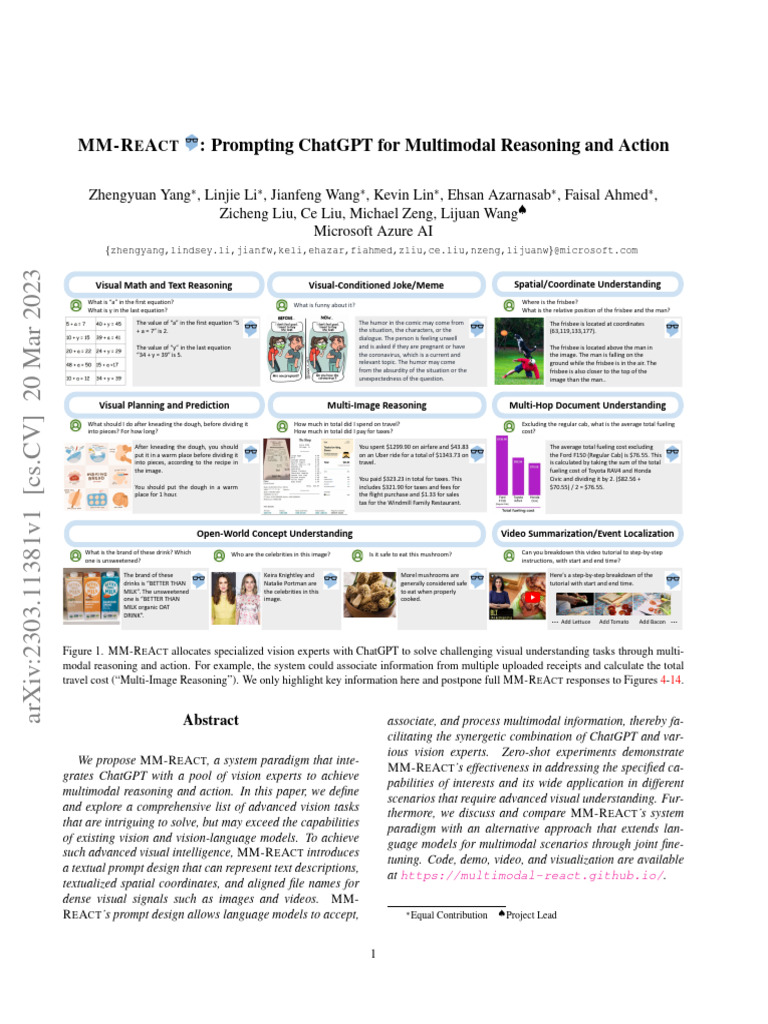 Mm React Prompting Chatgpt For Multimodal Reasoning And Action Pdf Computing Cognitive Science