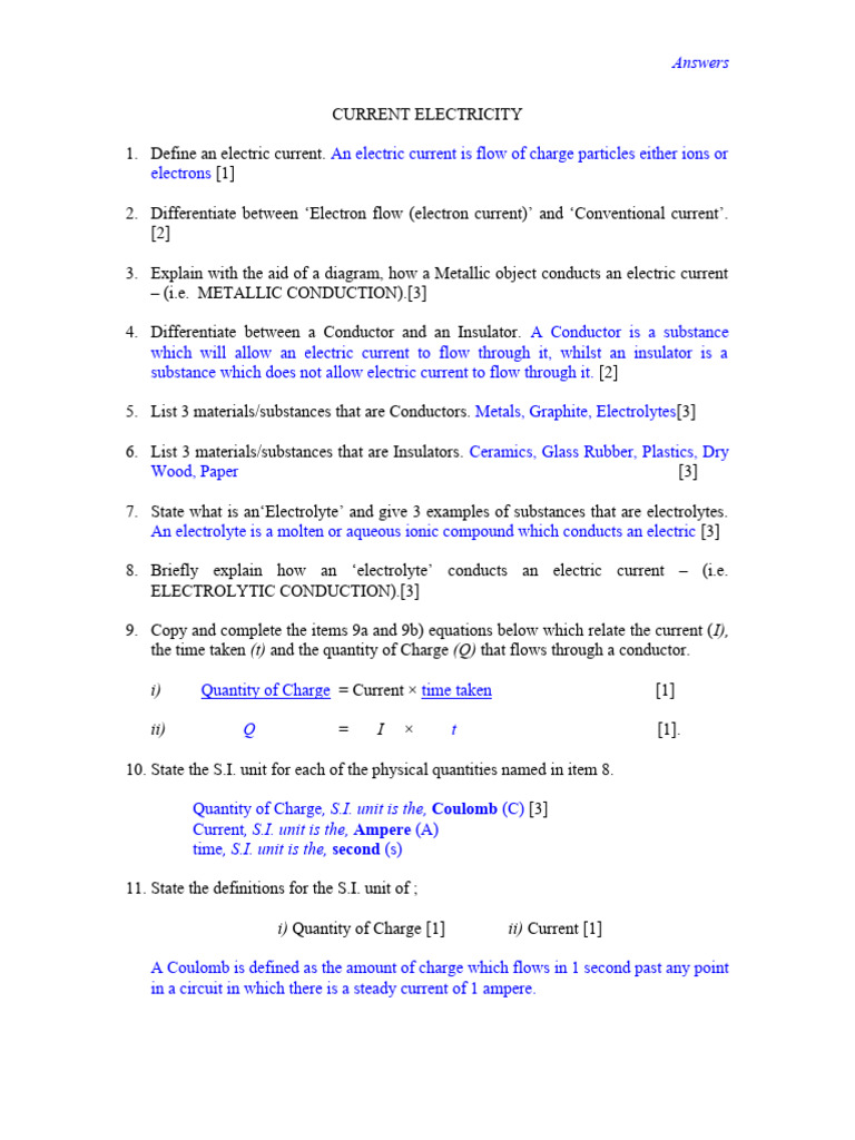 Current Electricity Answers | PDF | Electric Current | Electric Charge