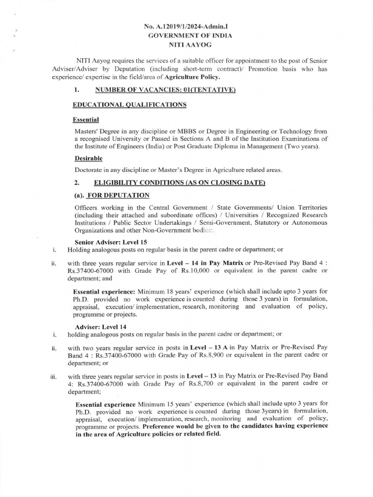 Vacancy Circular For One Post of SR Adviser Adviser in The Area of ...