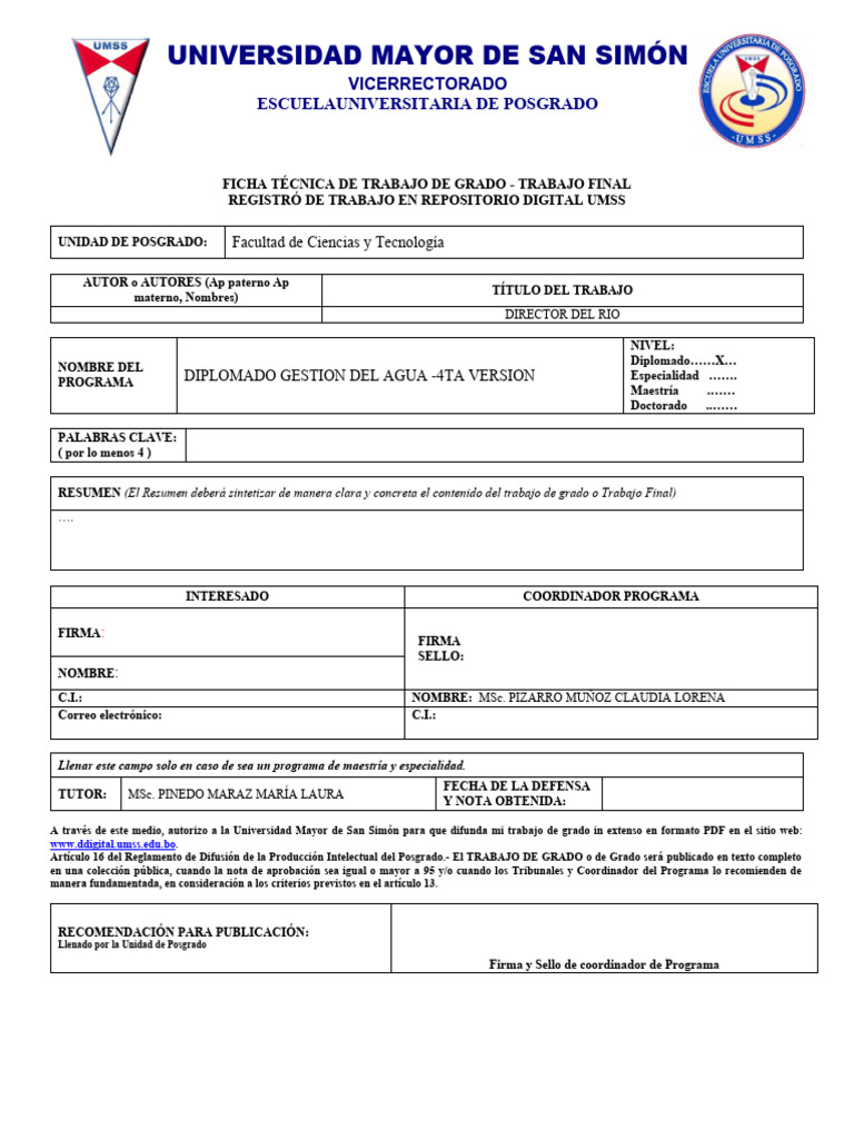Ficha Técnica Trabajo de Grado UMSS | PDF