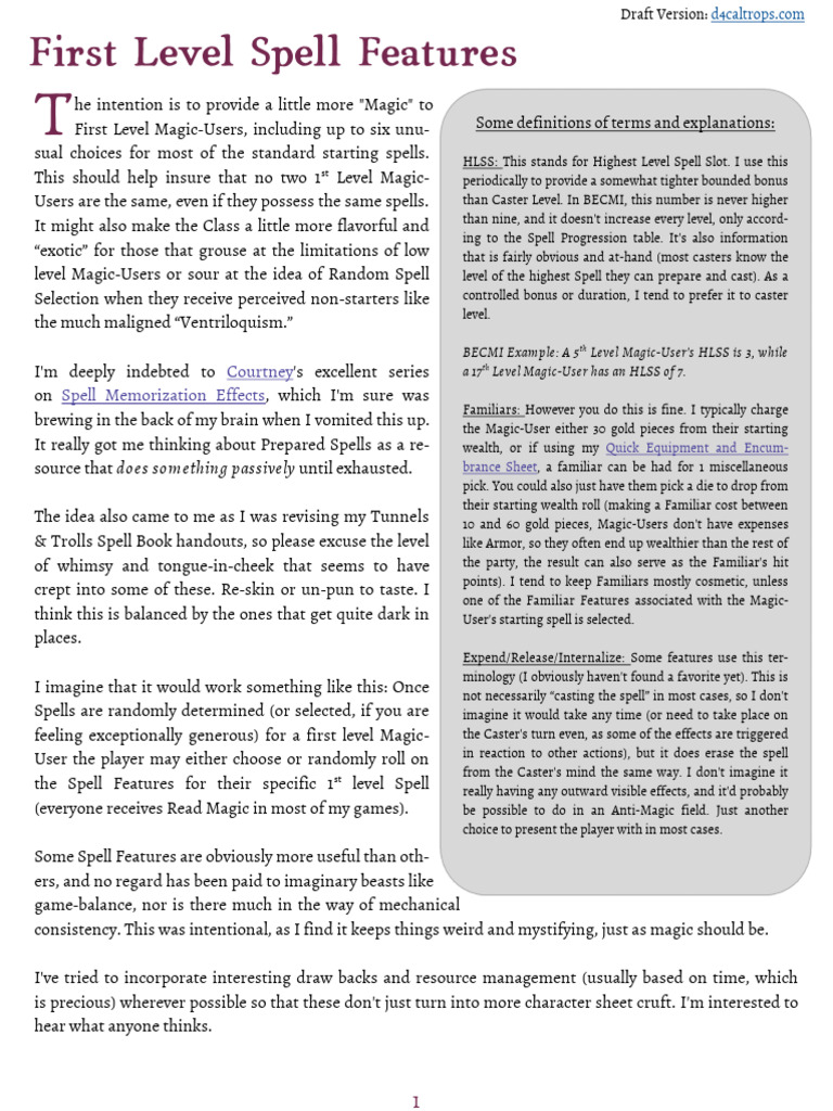 First Level Spell Features | PDF | Sleep | Weight