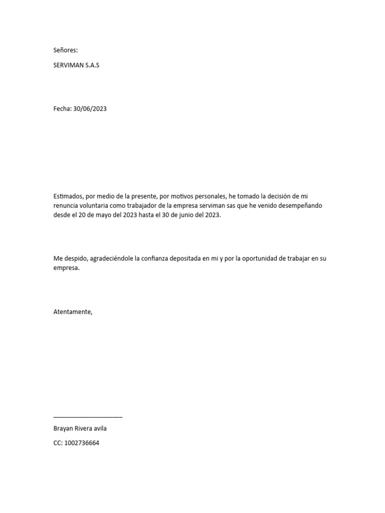 Carta de Renuncia Brayan Rivera | PDF