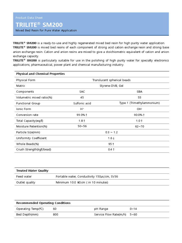 Data Sheet - Resina Troca Iônica TRILITE SM200 - Leito Misto (Liter ...