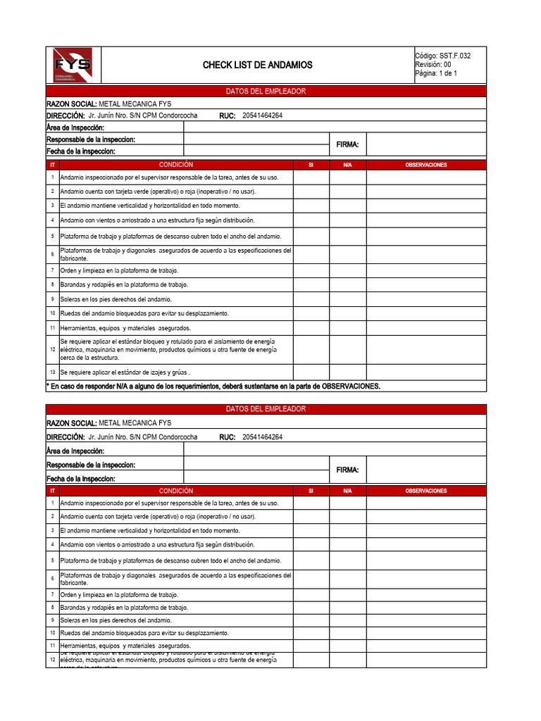 SST.F.032 Formato de Check List Andamio | PDF | Andamio