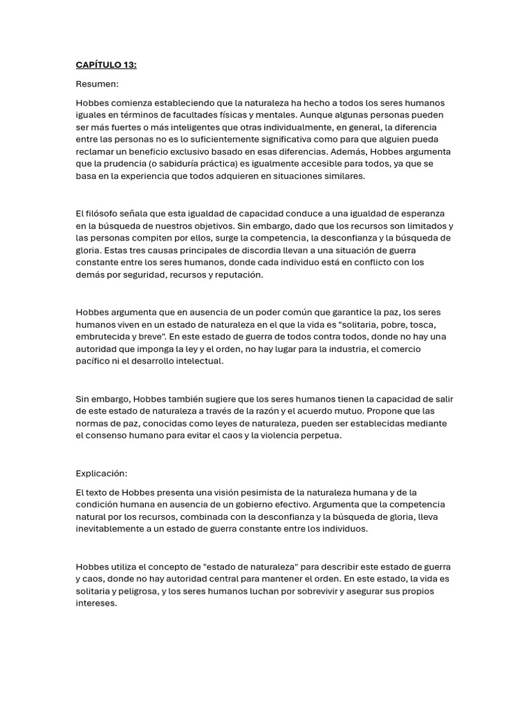 Hobbes Resumen Cap 13-14 | PDF | La Ley natural | Estado (política)