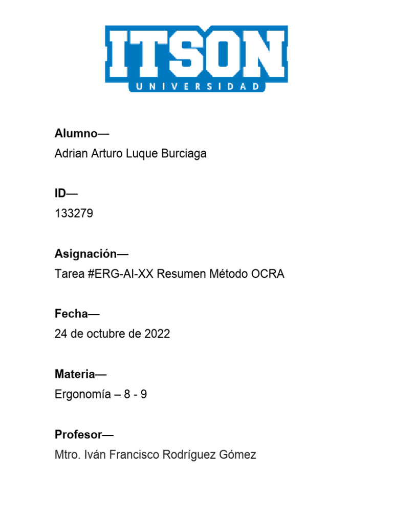 ERG-AI-XX Resumen Método OCRA | PDF | Tecnología