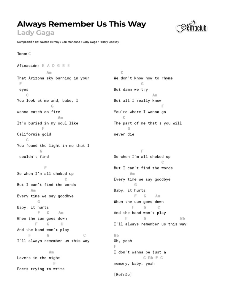 Always Remember Us This Way Chords | PDF | American Musicians | Song ...