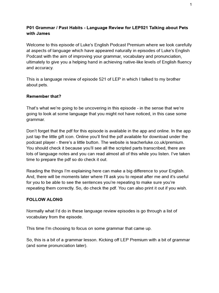 P01 Grammar Past Habits Language Re... NG About Pets With James Computer Version2 | PDF ...