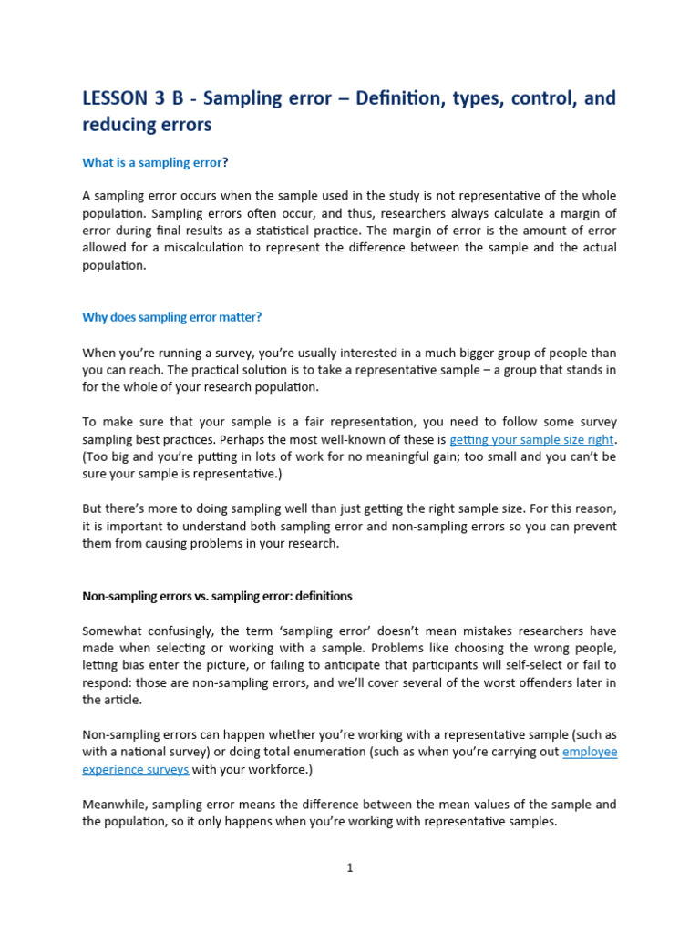 Lesson 3 B - Sampling Errors | PDF | Sampling (Statistics) | Survey ... Lesson 3 B - Sampling Errors | PDF | Sampling (Statistics) | Survey ...