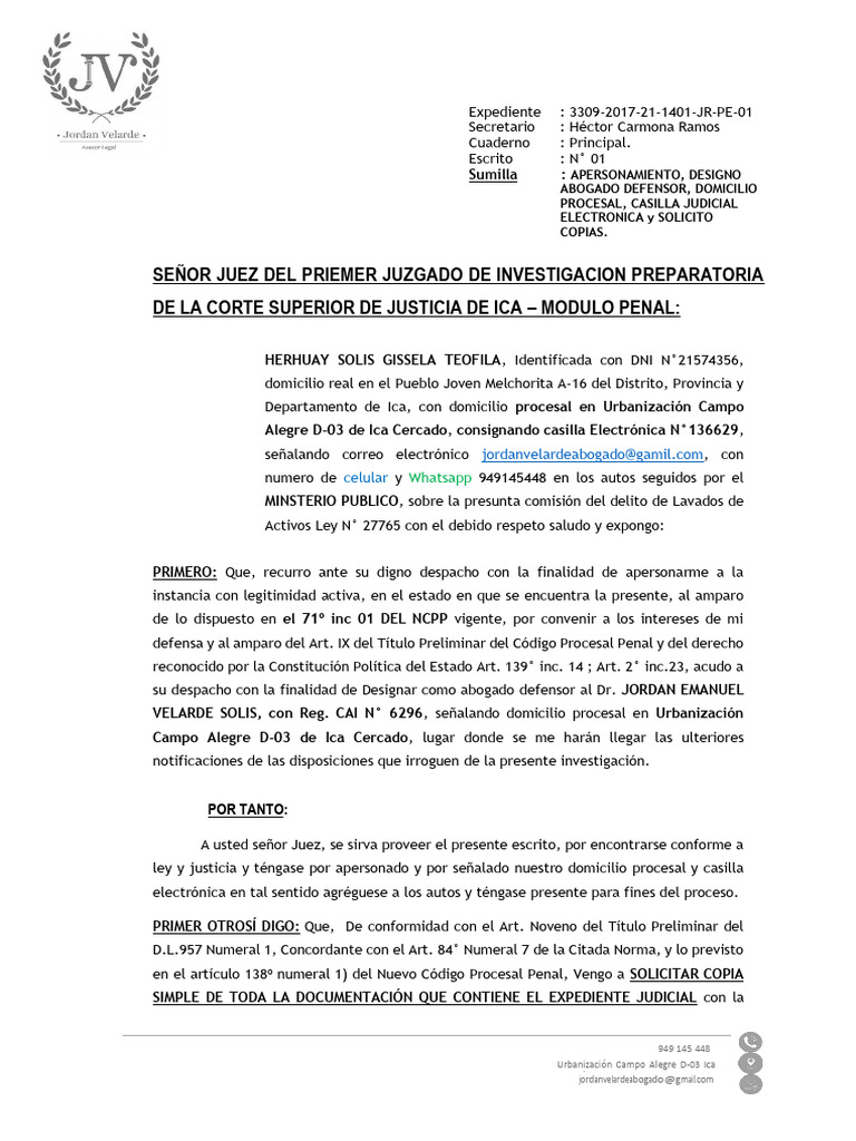 Apersonamiento Lavado de Activos HERHUAY SOLIS GISSELA | PDF | Ley ...
