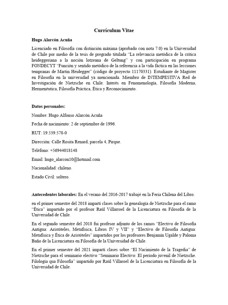 Currículum de Hugo Alarcón Acuña | PDF | Friedrich Nietzsche ...