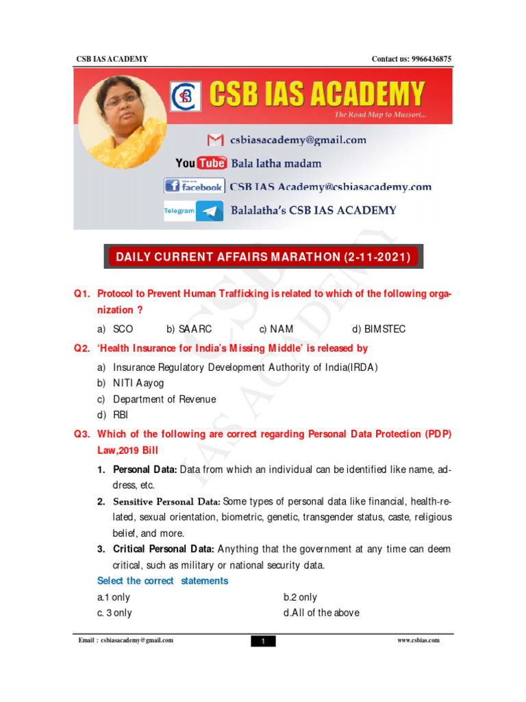 Daily Current Affairs Marathon (2-11-2021) : CSB Ias Academy Contact Us: 9966436875 | PDF ...