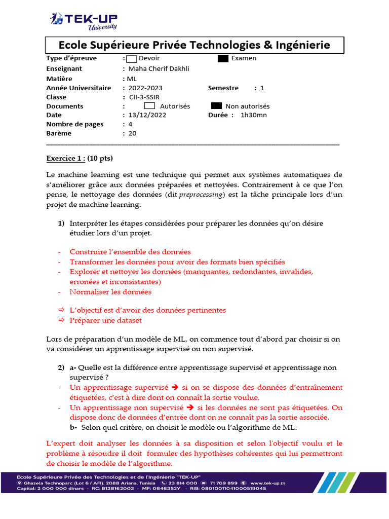 Examen de Machine Learning 2022-2023 | PDF | Apprentissage automatique ...