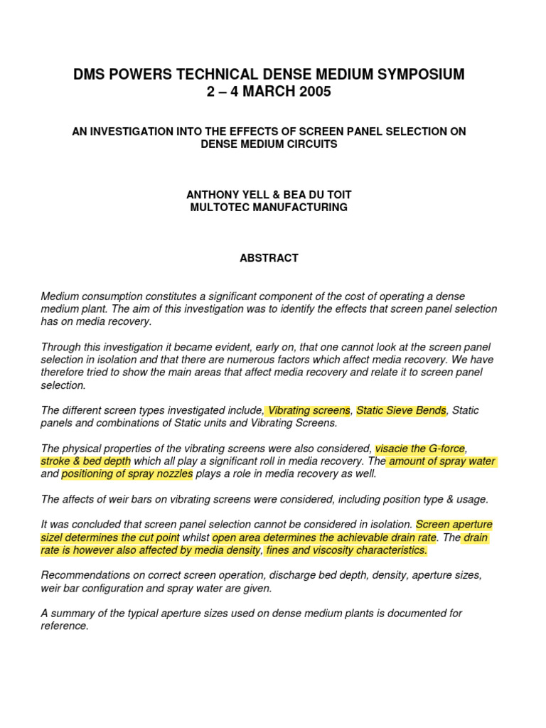 Screen Panel Selection Impact on DMS | PDF | Density