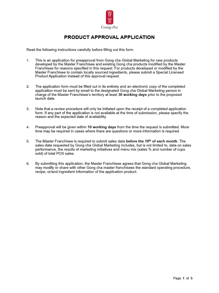 Gong cha Product Approval Application | PDF | Coffee | Franchising