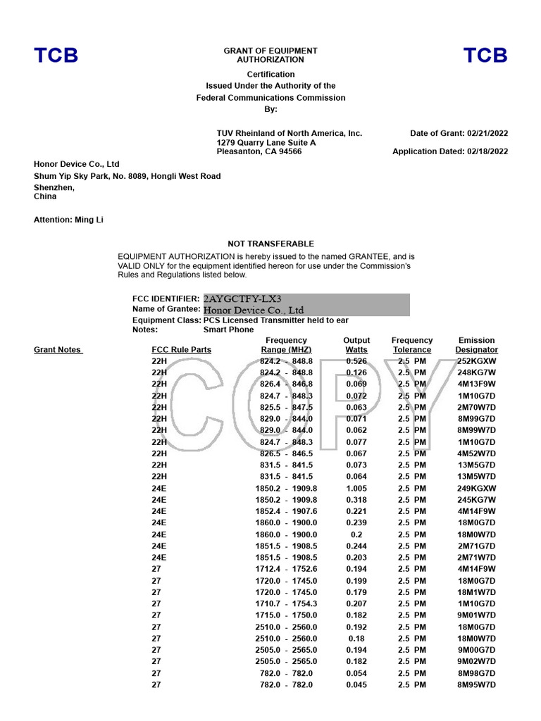 Honor Device FCC Equipment Grant | PDF | Radio | Telecommunications ...