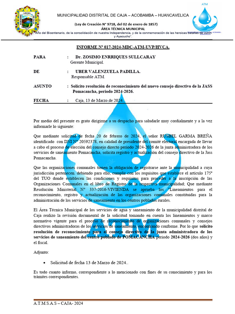 INFORME #017 Solicito Resolucion Jass POMACANCHA | PDF | Gobierno