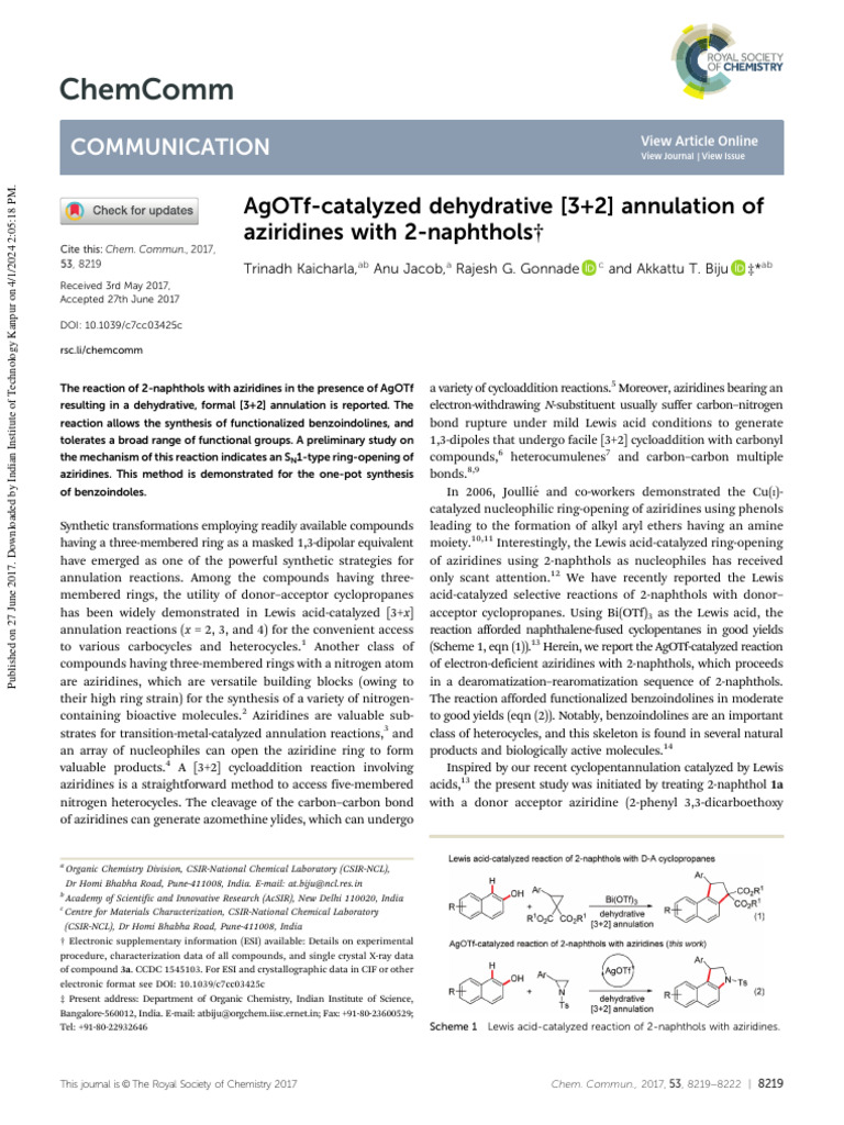 AgOTf-Catalyzed Annulation of Aziridines | PDF | Chemical Reactions | Organic Chemistry