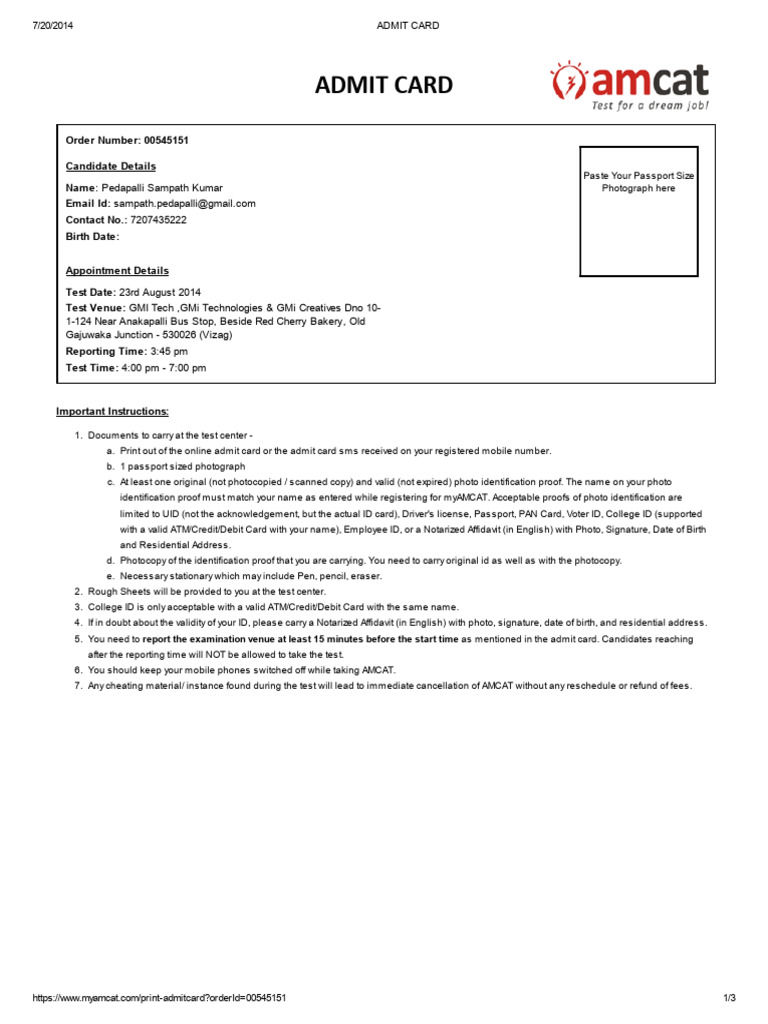 Admit Card | Download Free PDF | Identity Document | Government And Personhood