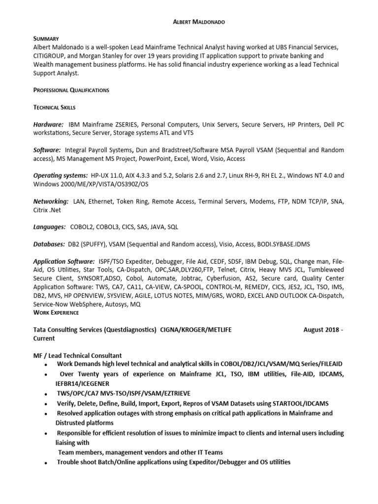 Mainframe Technical Analyst Resume | PDF | Ibm Db2 | Operating System