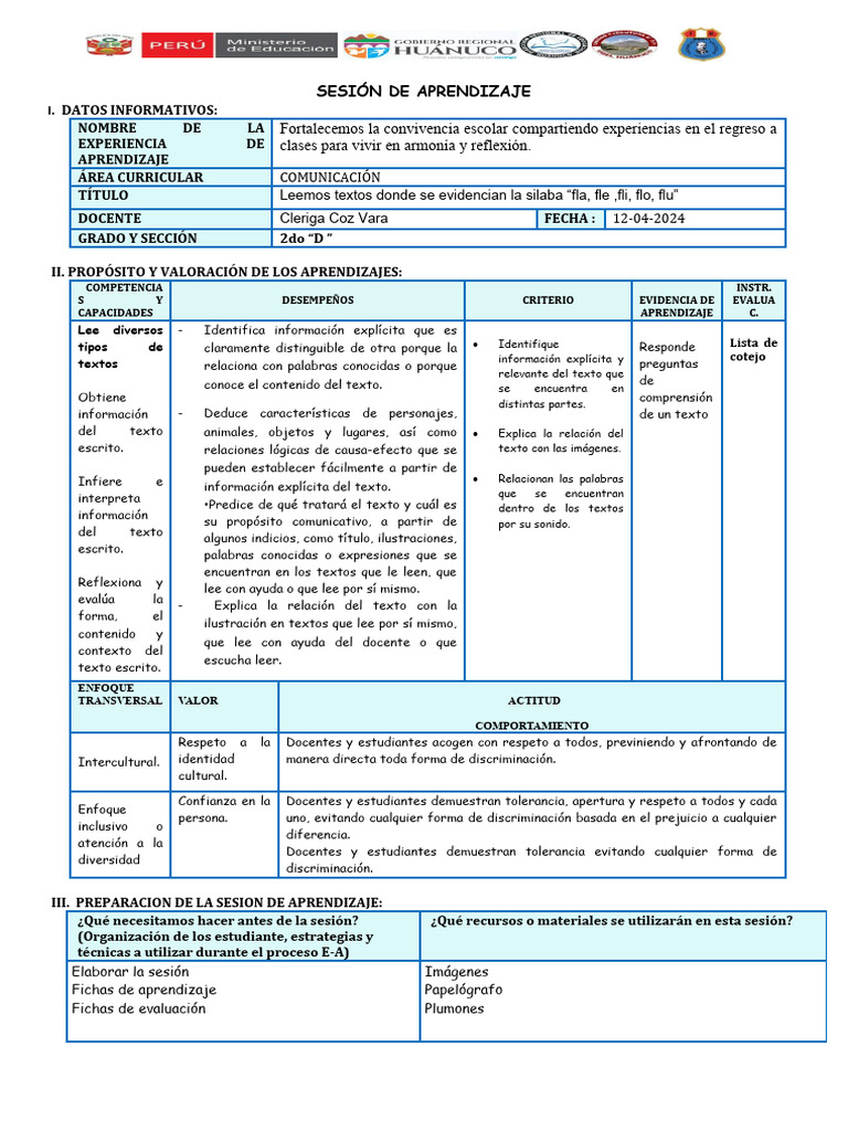 SESION DE COMUNICACIÓN S1 - Fla, Fle, Fli, Flo y Flu | PDF | Maestros | Aprendizaje