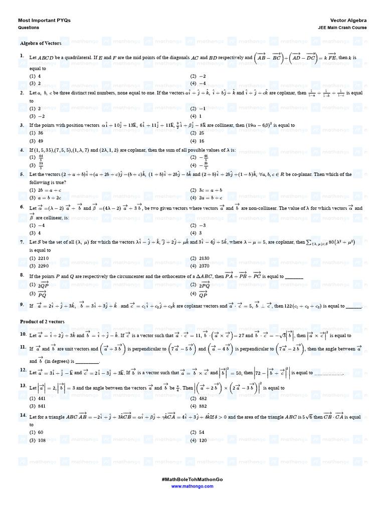 Question Most Important PYQs Vector Algebra JEE Main Crash Course ...