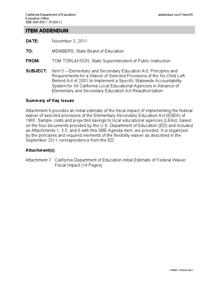 Item Addendum: Date: TO: From: SUBJECT: Item 5 - Elementary and ...