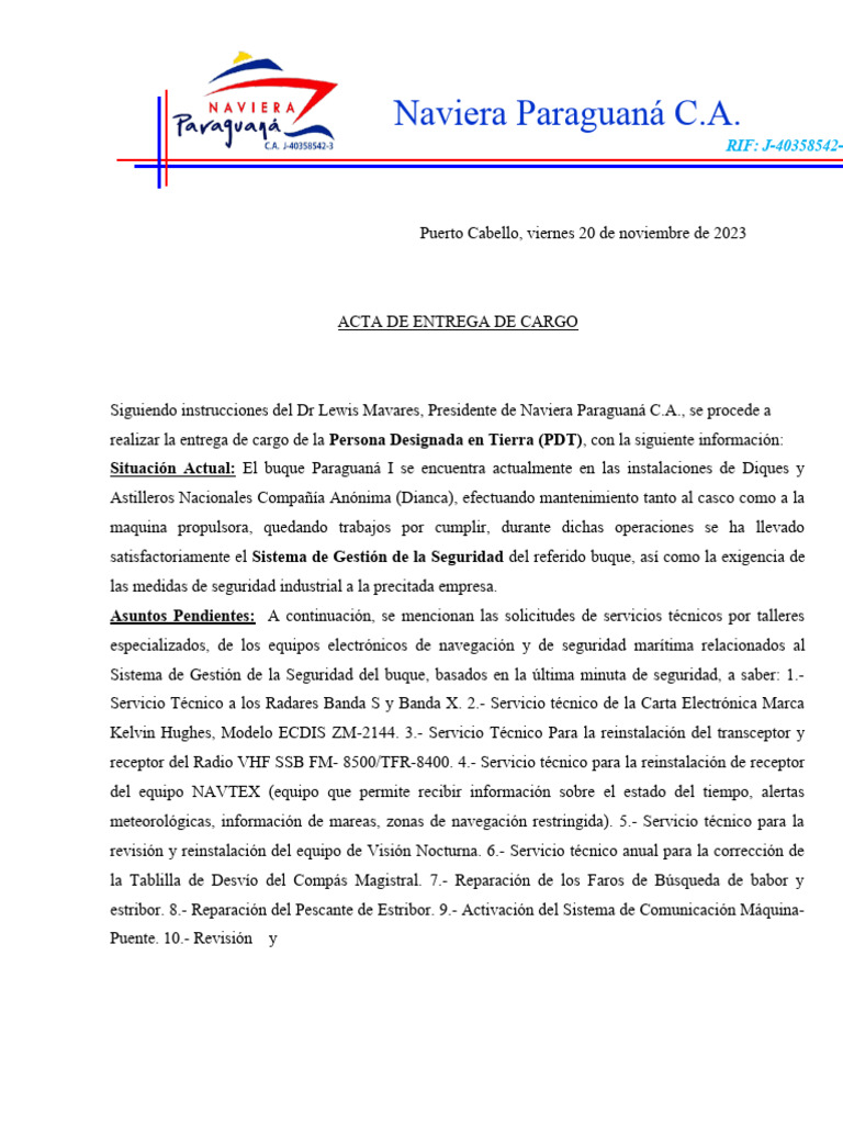 Acta de Entrega de Cargo PDT | PDF