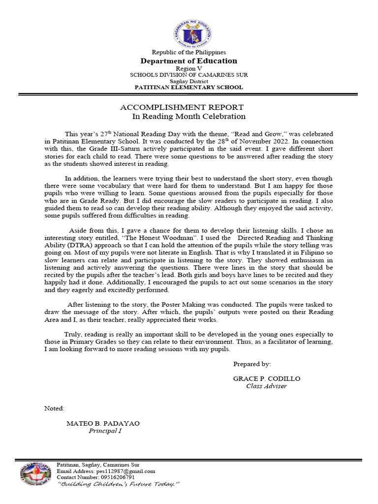 Accomplishment Report in Reading | PDF | Human Communication | Cognition Accomplishment Report in Reading | PDF | Human Communication | Cognition