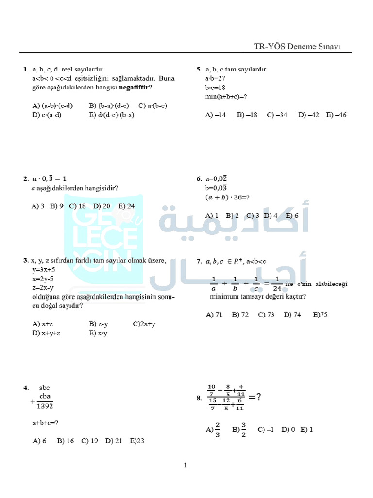TR Yos Deneme Sinavi | PDF