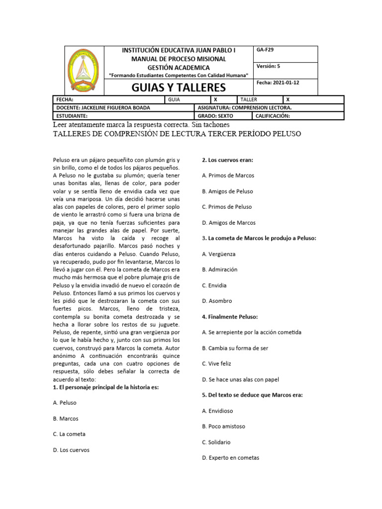 Comprension Lectora Taller Evluativo 6 Peluso | PDF