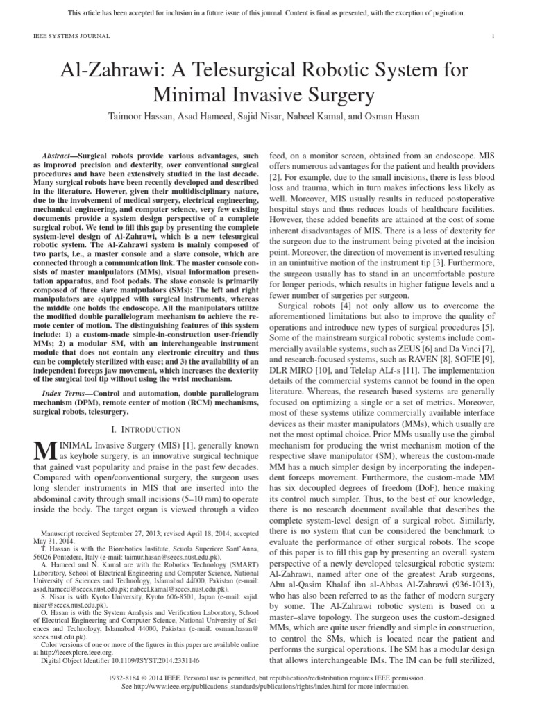 Al-Zahrawi- A Telesurgical Robotic System | PDF | Surgery