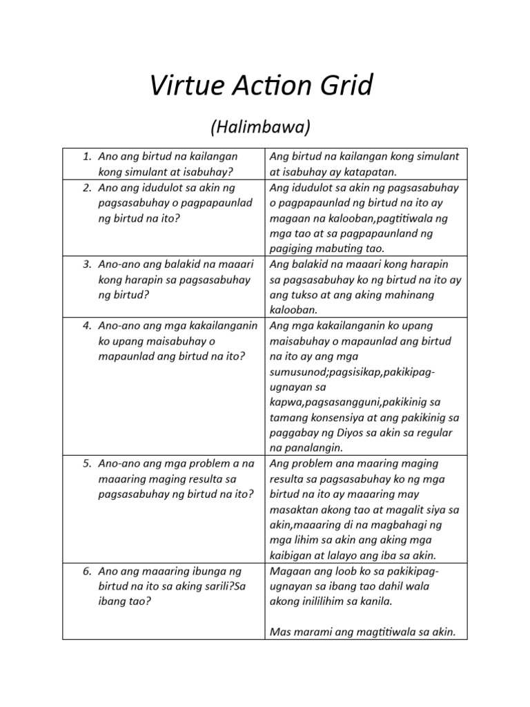 Virtue Action Grid-Esp Activity (3rd Quarter) | PDF