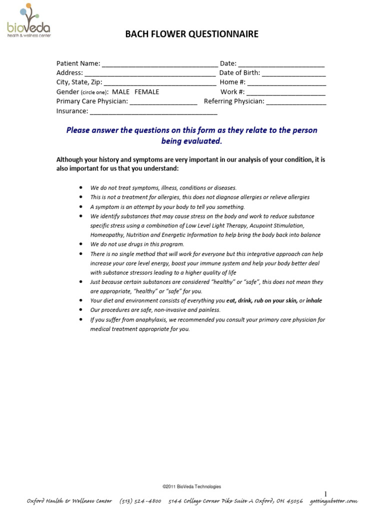 Bach Flower Questionnaire for Evaluation | PDF | Allergy | Stress (Biology)