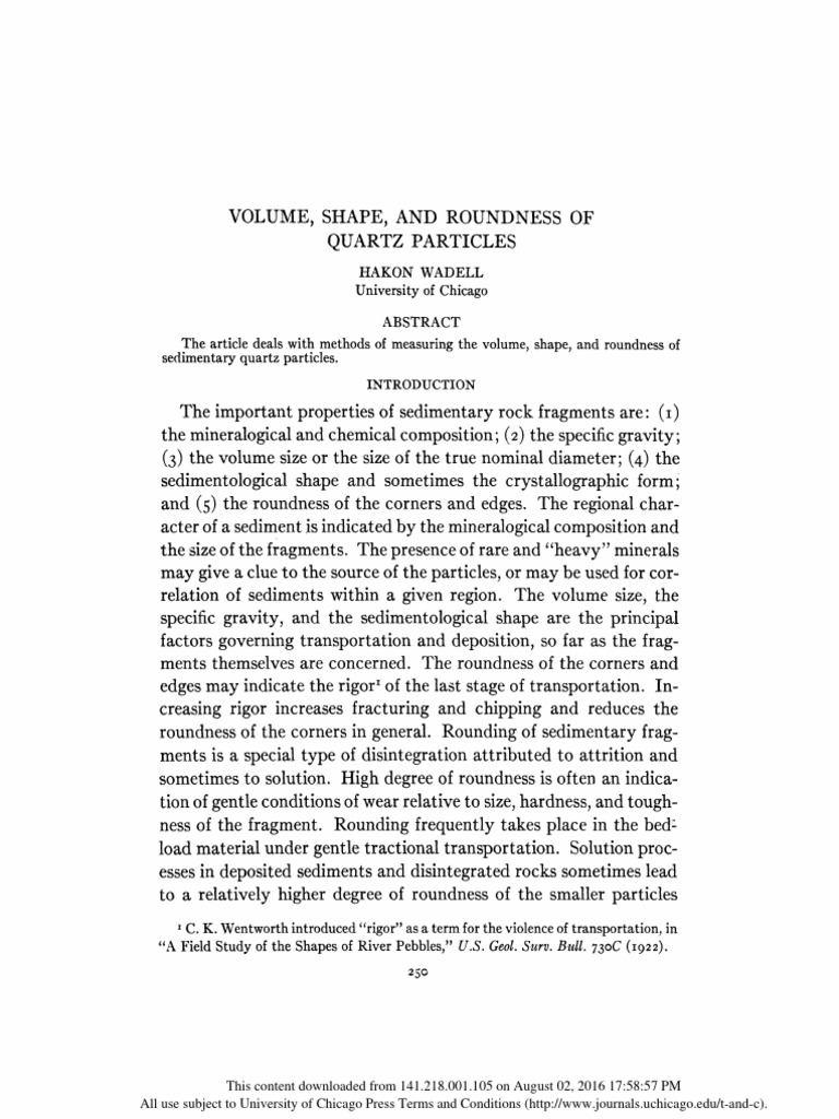 Wadell Volume, Shape, and Roundness of Quartz Particles 1935 | PDF | Sphere | Area