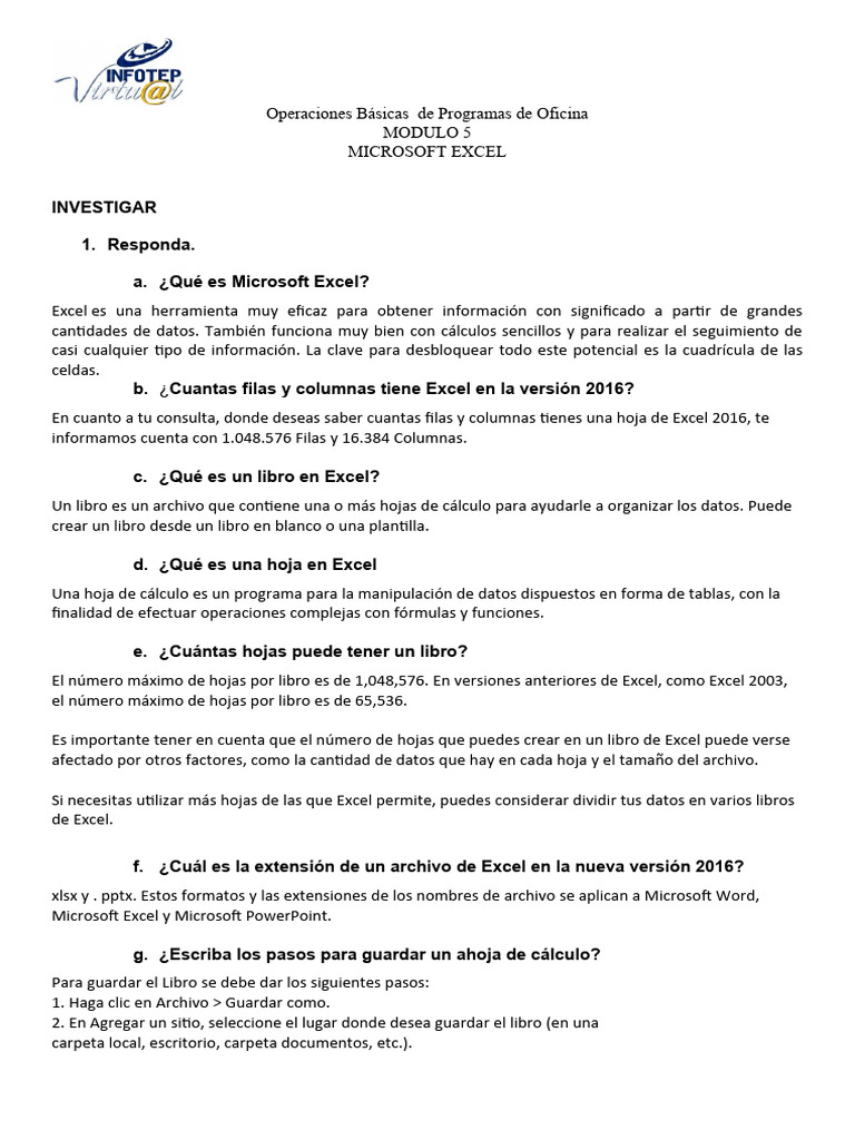 Actividad 1 Del Modulo 5. Investigar | PDF | Microsoft Excel | Hoja de cálculo