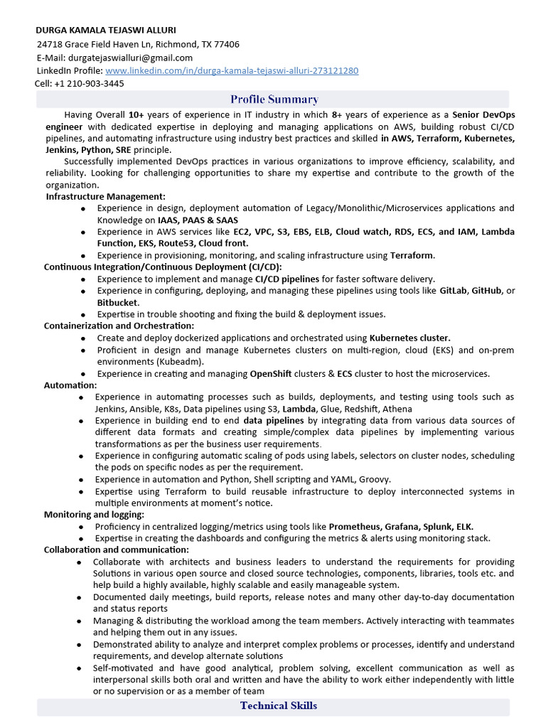 Tejaswi Devops Engineer Resume | PDF | Amazon Web Services | Cloud Computing