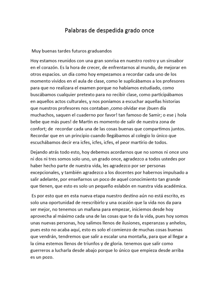 Palabras de Despedida Grado Once | PDF