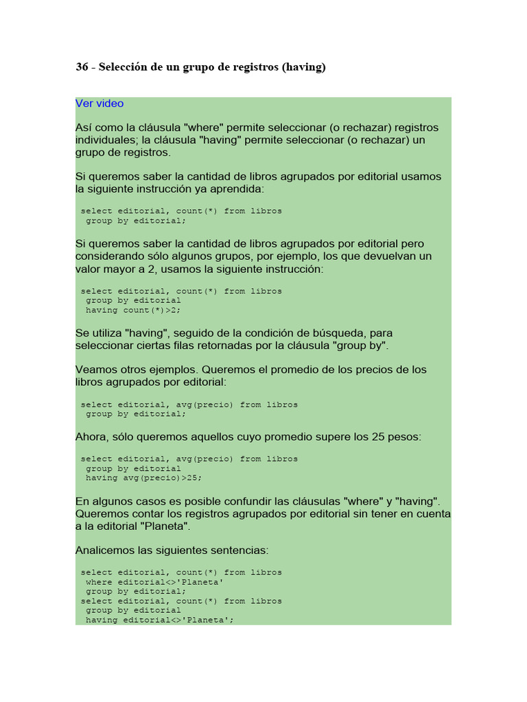 Uso de HAVING en SQL para Agrupaciones | PDF | Modelo de datos | Bases ...