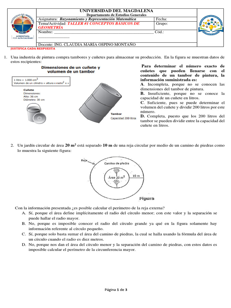 TALLER # 1 CONCEPTOS BÁSICOS DE GEOMETRÍA | PDF | Triángulo | Geometría