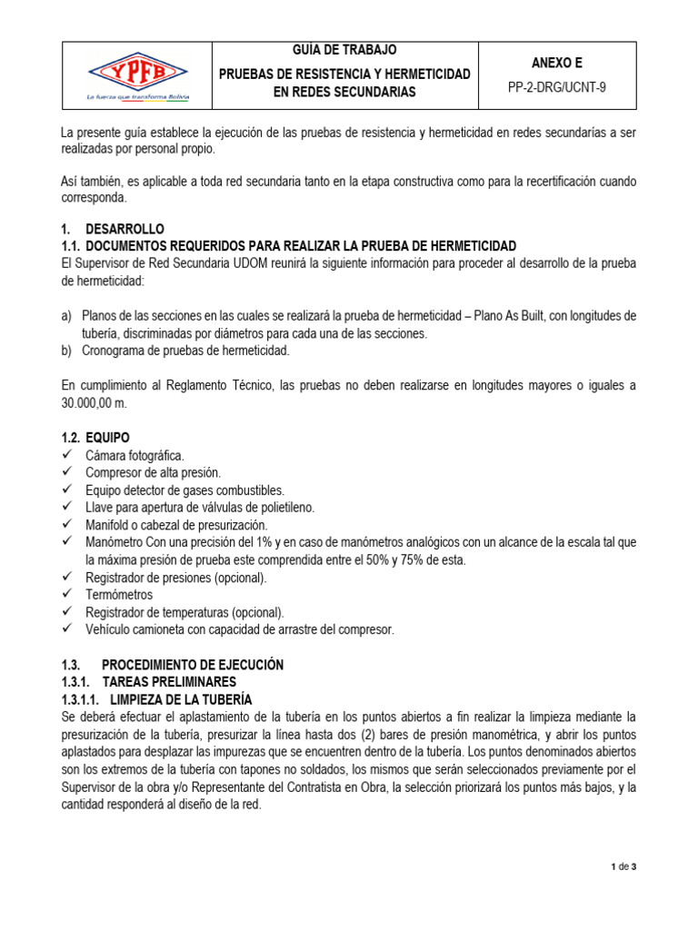 ANEXO E - PRUEBA DE RESISTENCIA Y HERMETICIDAD EN REDES SECUNDARIAS | PDF | Presión | Tubería ...