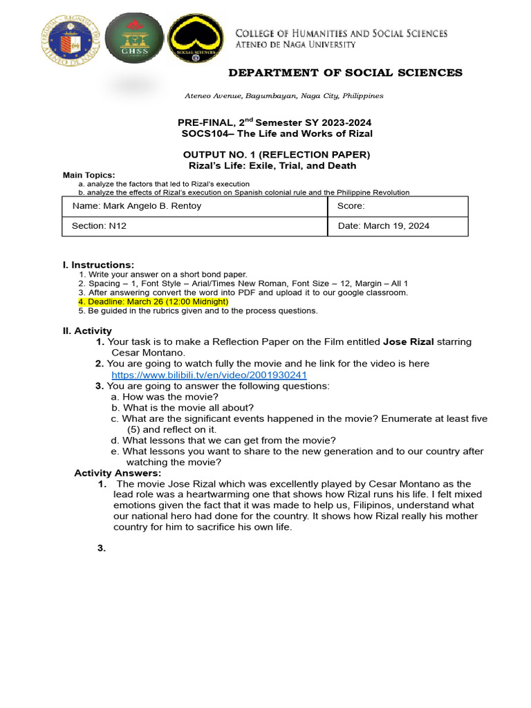 Output No.1_Reflection Paper (Jose Rizal) | PDF | Philippines